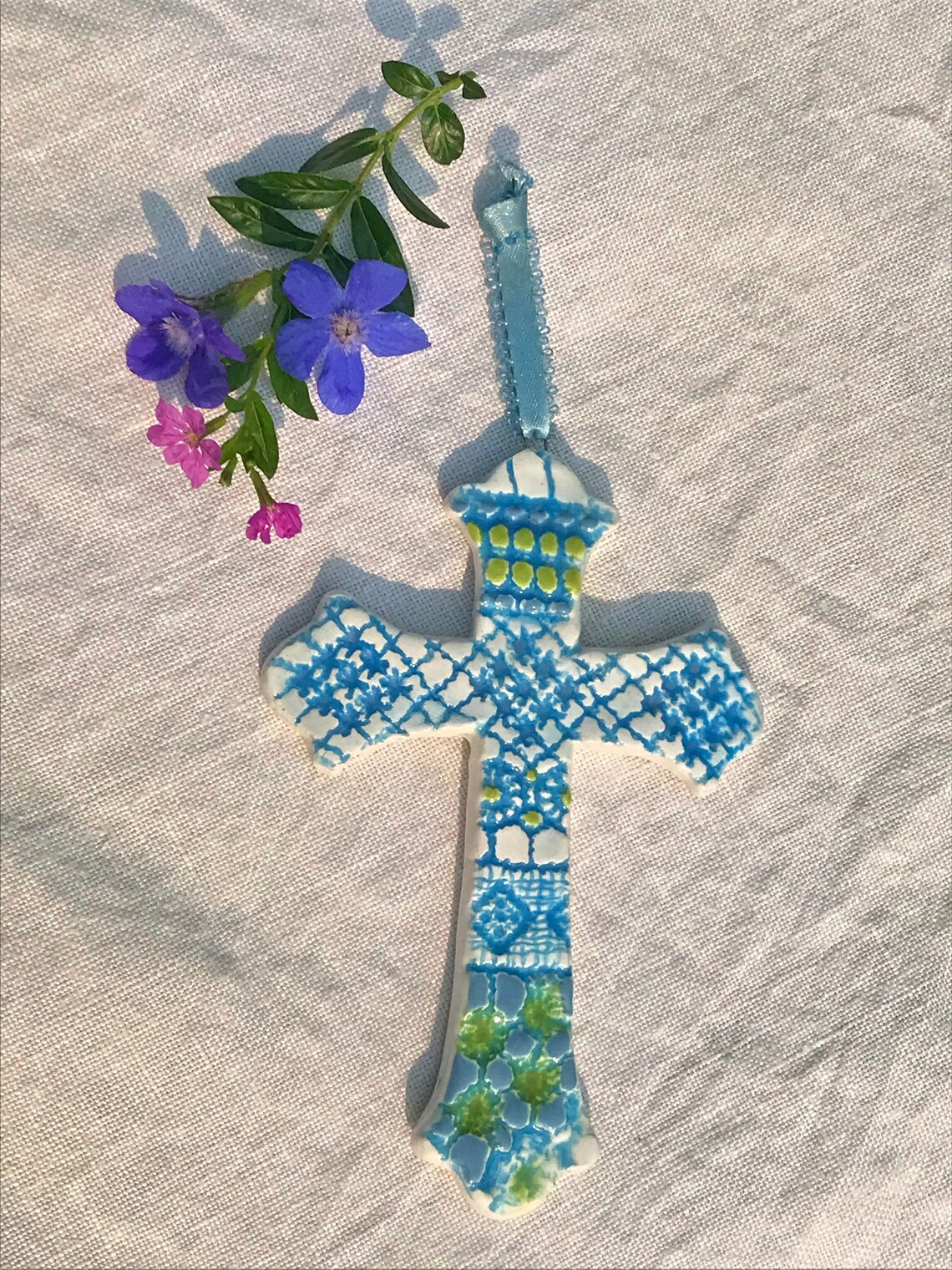 Turquoise Ceramic and Lace Cross, Vintage Lace Cross, Christian Cross ...