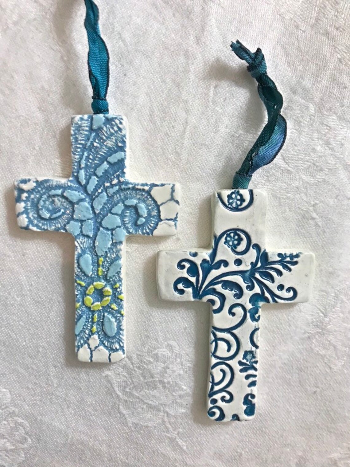Turquoise Ceramic and Lace Cross Vintage Lace Cross | Etsy