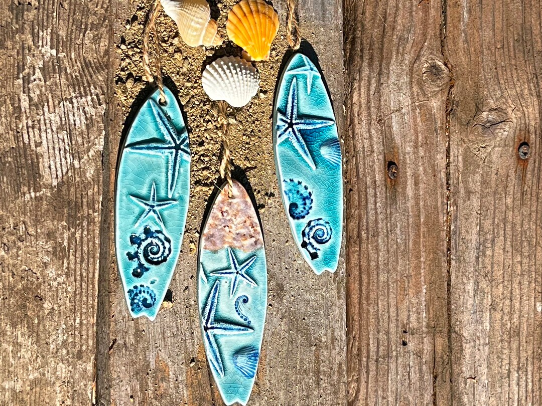 Ceramic Surfboard Ornament, Seashell Beach Ornament, Coastal Living ...