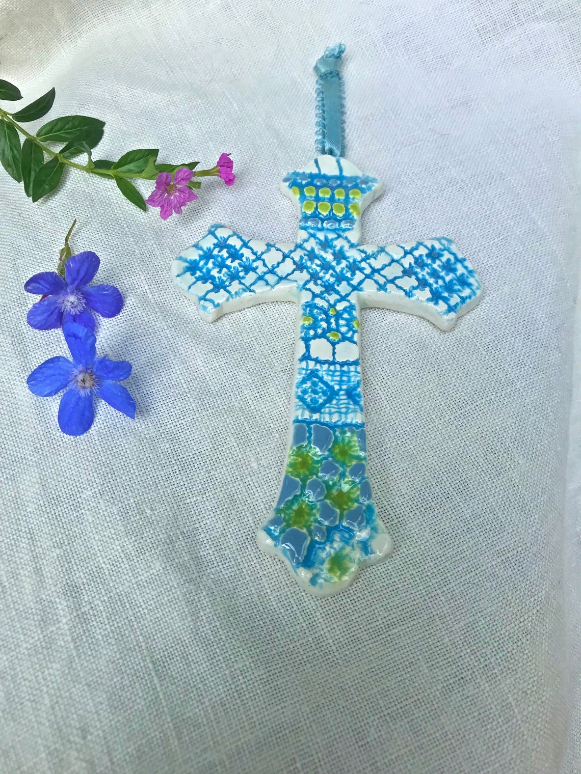 Turquoise Ceramic and Lace Cross, Vintage Lace Cross, Christian Cross ...