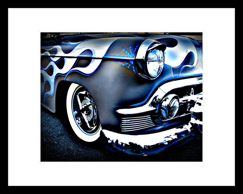 50's Gray Hot Rod With Blue and White Flames "spiderwebs" 8 X 10 Matted ...