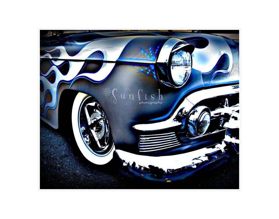 50's Gray Hot Rod With Blue and White Flames "spiderwebs" 8 X 10 Matted ...
