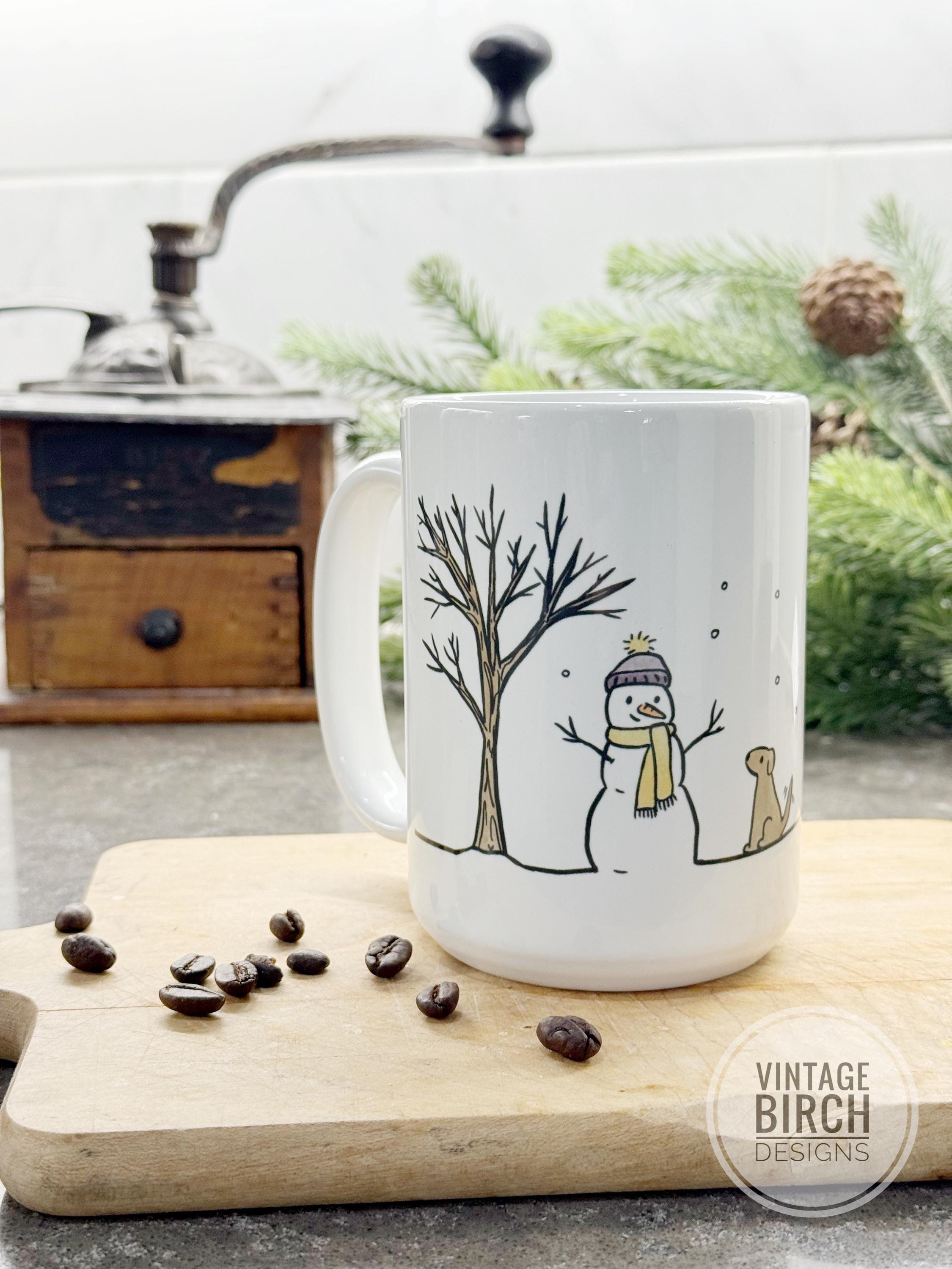 Winter Dog and Snowman Mug - Hand-drawn Christmas Scene 15 Oz - Etsy