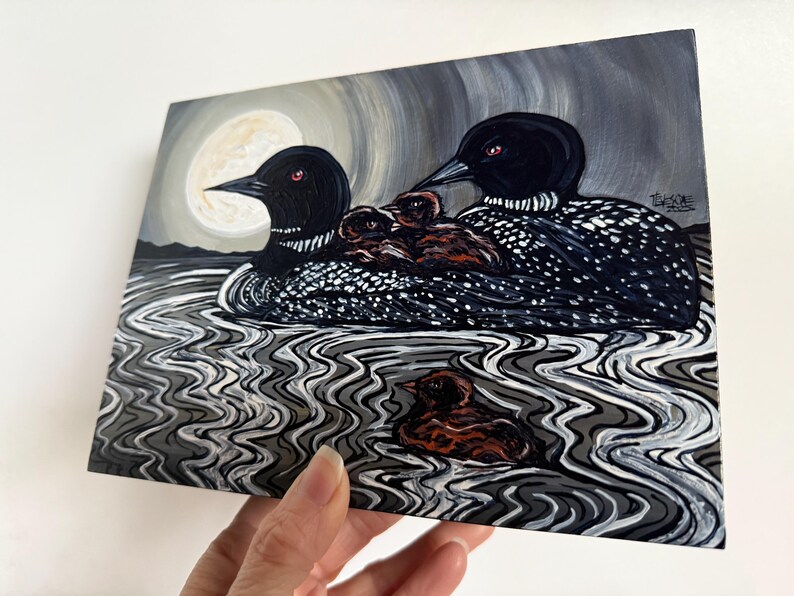6x8” Cosmic Loon Family Full Moon Loon Iridescent Bird Painting by ...