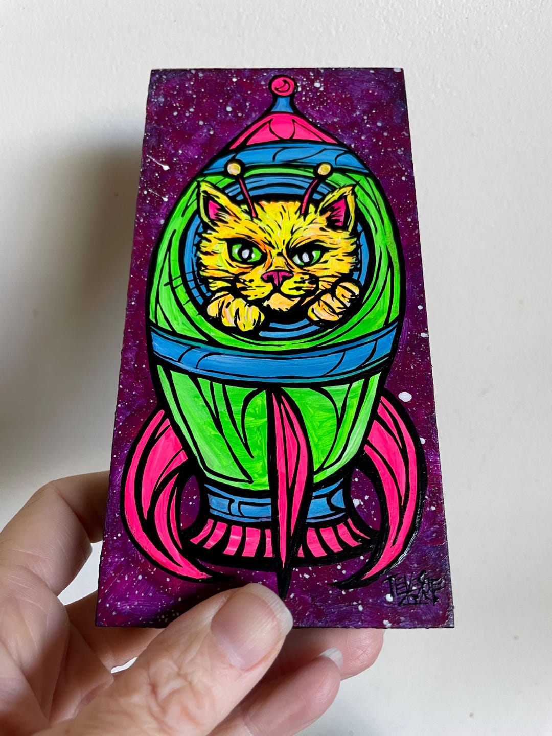 3x6” Rocket Cat Green Whimsical Kittycat Space Rocket UV Reactive ...