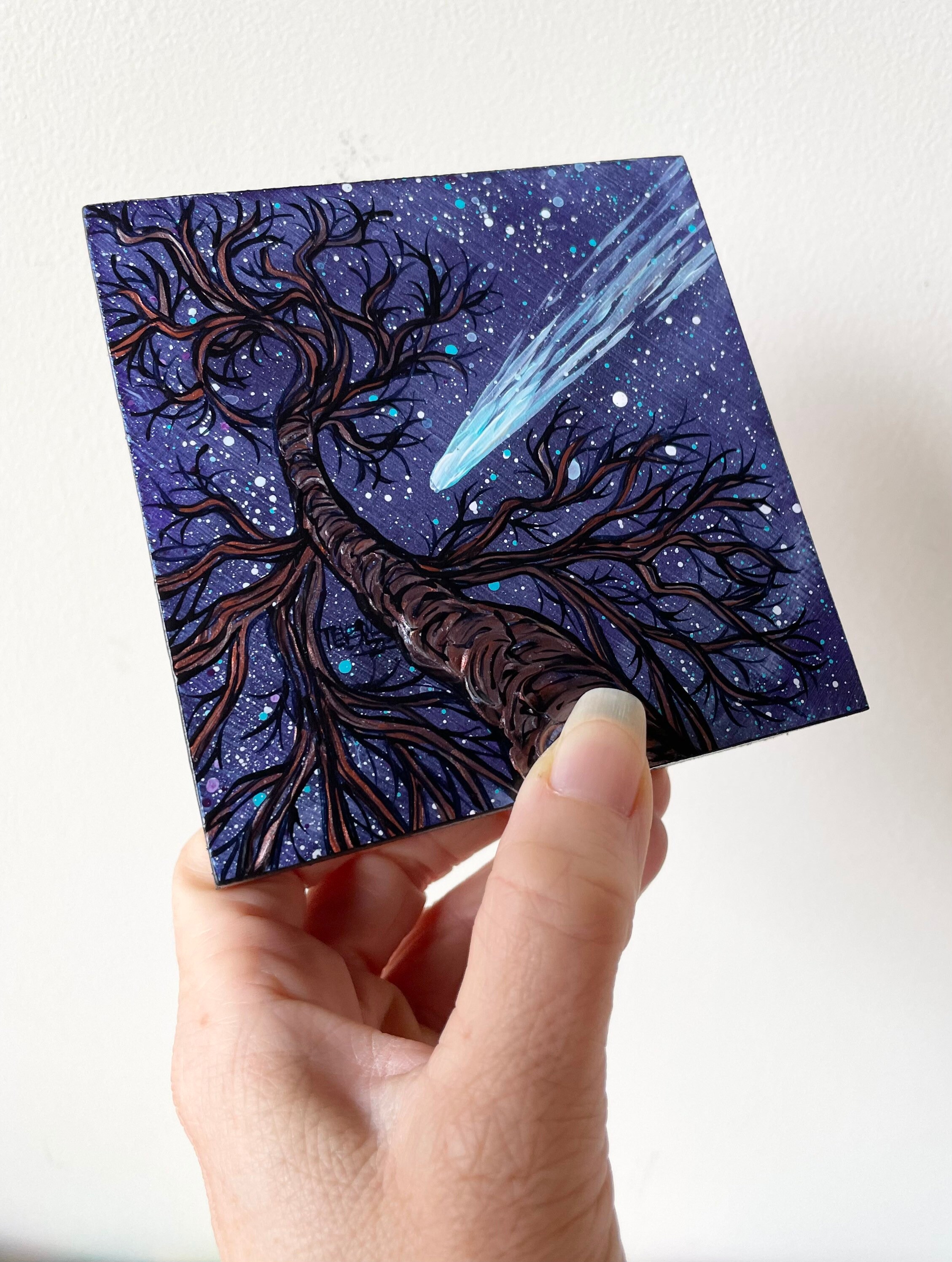 4x4” Shooting Star Metallic Tree painting by Tracy Levesque