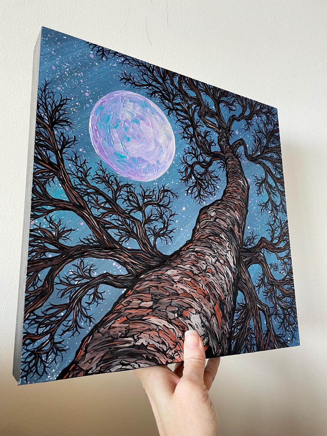 Iridescent Moon Tree Painting: Night Sky Acrylic Art (12x12) - Etsy