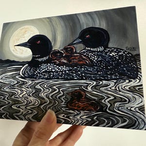 6x8” Cosmic Loon Family Full Moon Loon Iridescent Bird Painting by ...