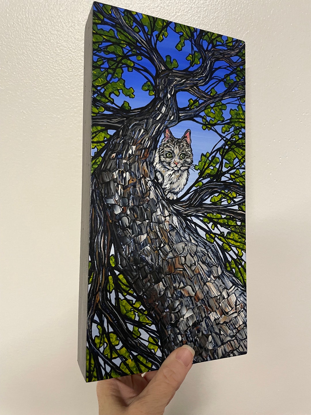 6x12” Tabby Cat in a Tree Looking up a Tree Cat in Tree Painting by ...