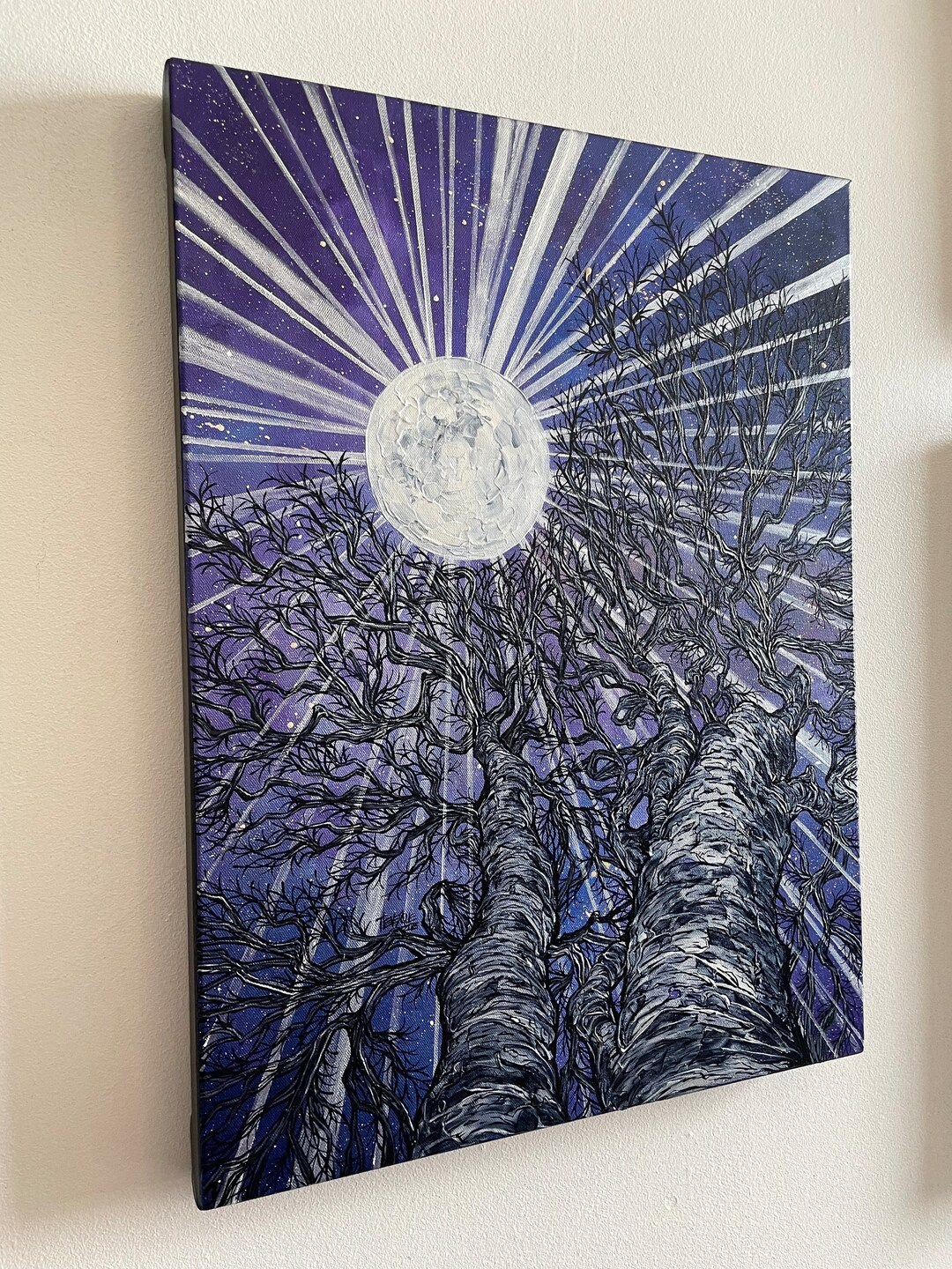18x24” Moon Beams Through the Beech Trees Night Sky Iridescent Full ...