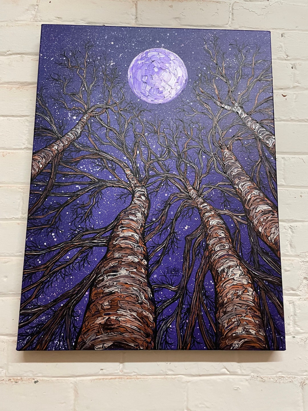 18x24 Moon Orb Trees Night Sky Iridescent Full Moon Tree Painting by ...