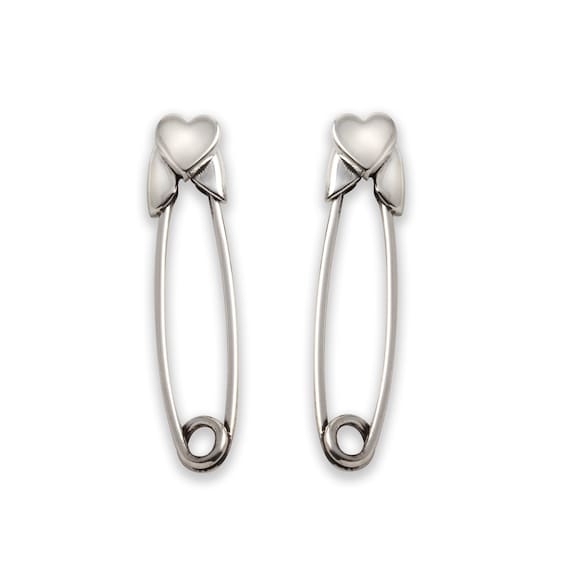 LAJewelery Sterling Silver Heart Safety Pin Earring Safety Pin Earring with Heart Charm Minimal Safety Pin Earring Valentines Day