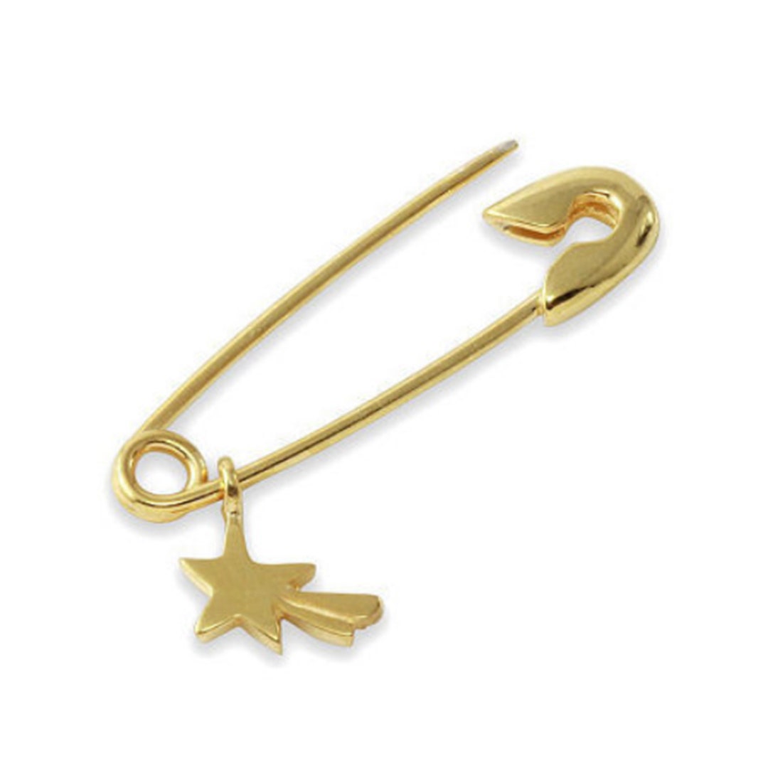 Star Safety Pin Earring in Sterling Silver and 14K Solid Gold, Safety ...