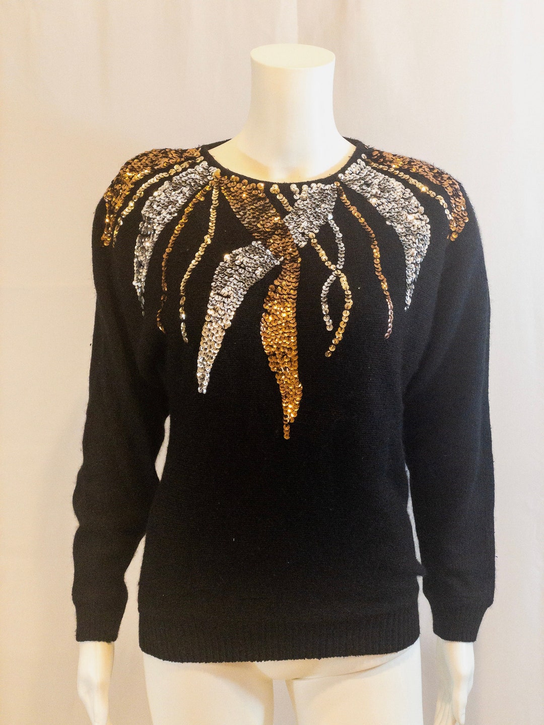 Vintage 1980s Contempo Casuals Black Silk Angora Sweater With Gold and Silver Sequins - Etsy