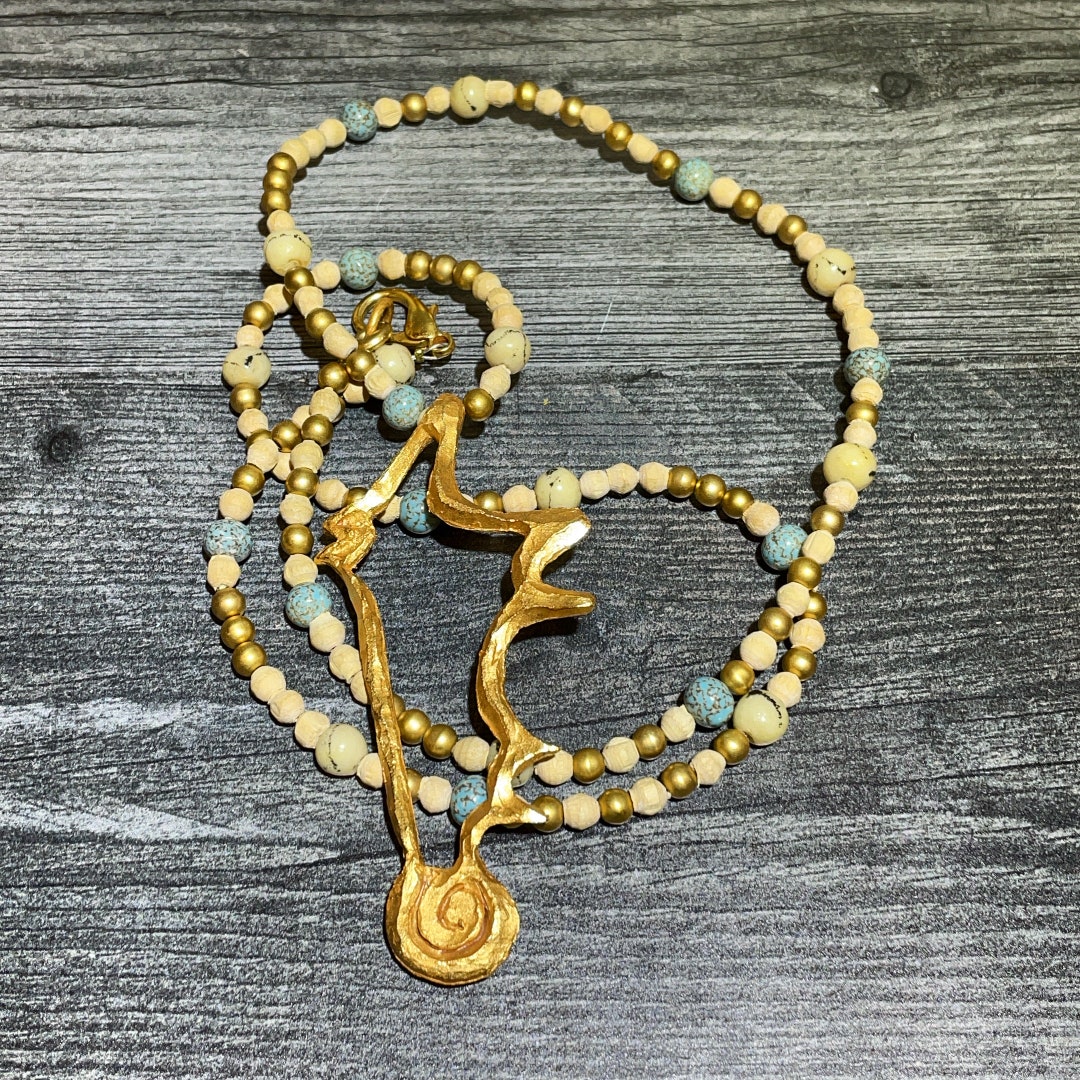 Kate Hines Vintage Beaded Necklace: Wood, Stone, and Gold Pendant - Etsy