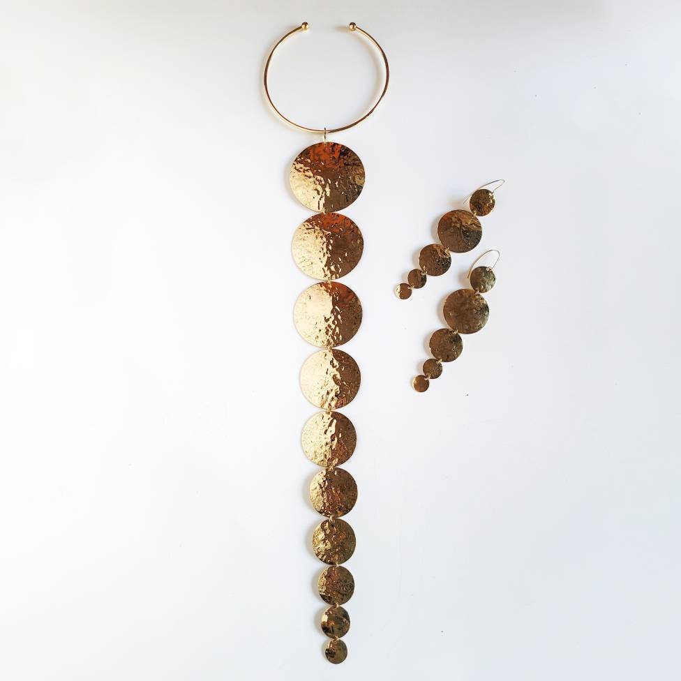 Brass Hammered Circles Tion Sphere Bold Runway Modern Long Discs Collar ...