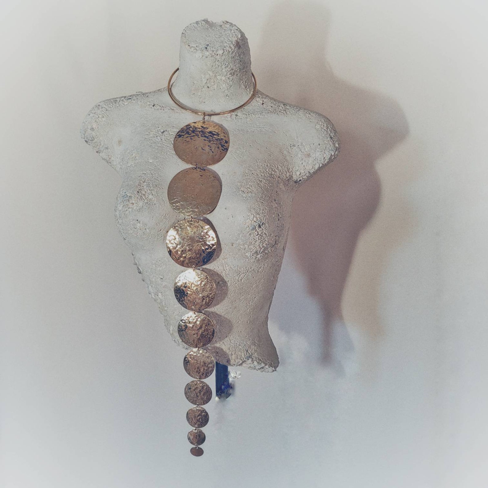 Brass Hammered Circles Tion Sphere Bold Runway Modern Long Discs Collar ...