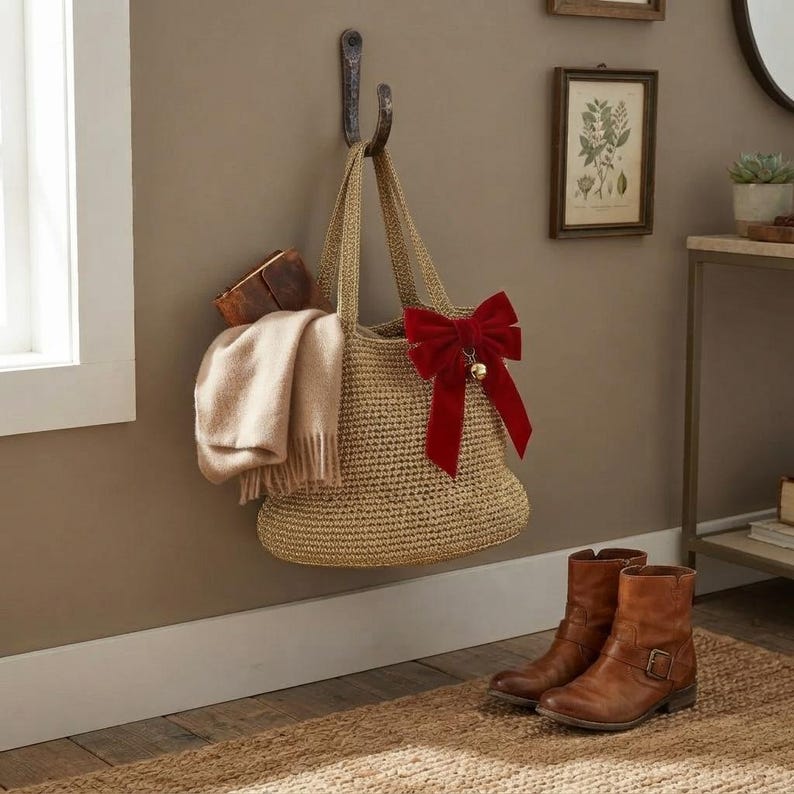 Beginner Crochet Tote Bag Pattern, Gold Christmas Purse With Velvet Bow ...