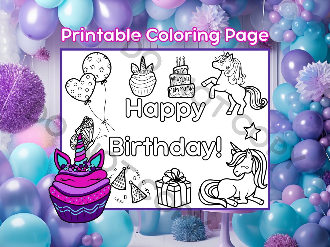 Unicorn Themed Happy Birthday Coloring Page Printable for Girls ...