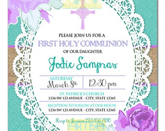 Girl's First Communion Invitations Rustic First Holy | Etsy