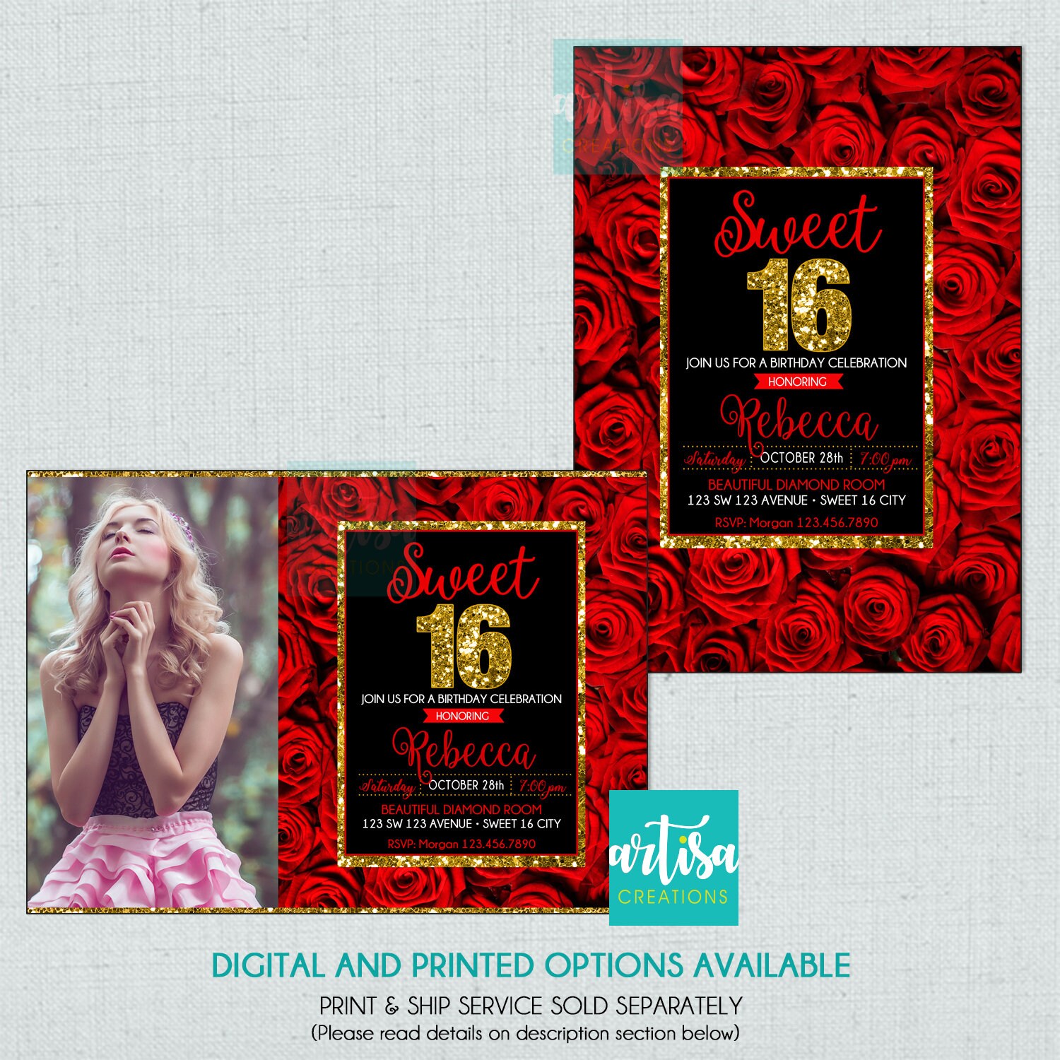 Red Roses Sweet 16 Invitation Red Roses Sweet Sixteen - Etsy