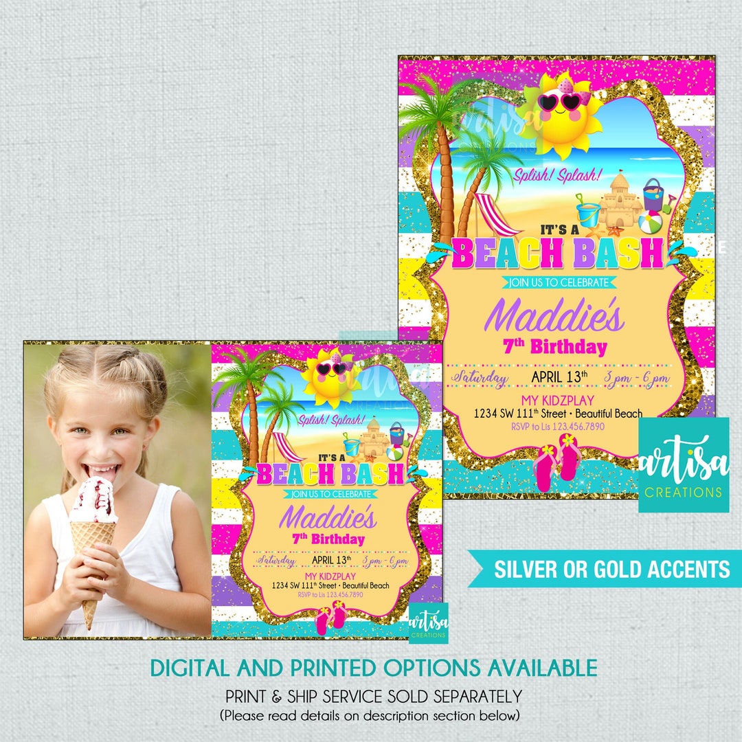Girl Beach Party Invitation, Kids Beach Party Invitation, Splash Splash ...