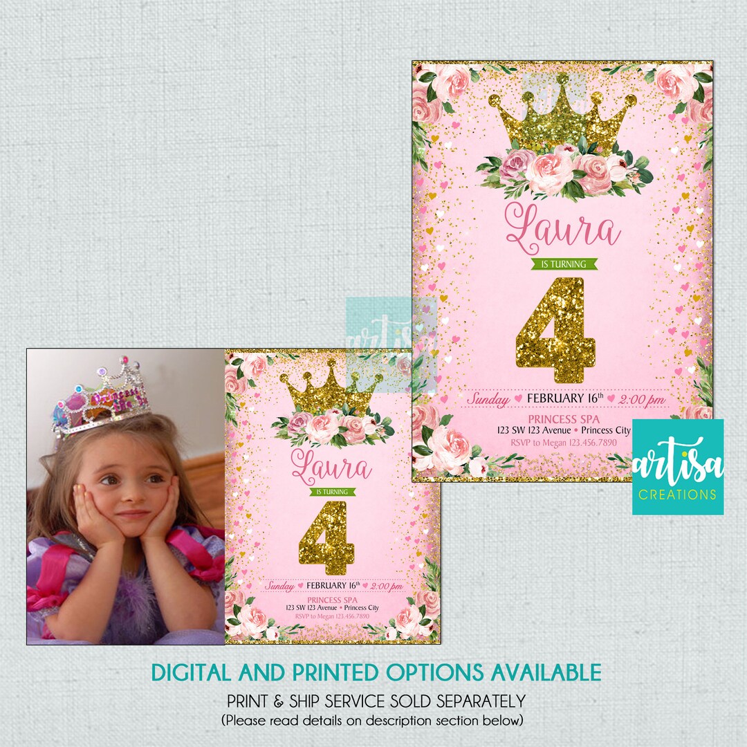 Princess Birthday Invitation, Princess Crown Birthday Invitation, Gold ...