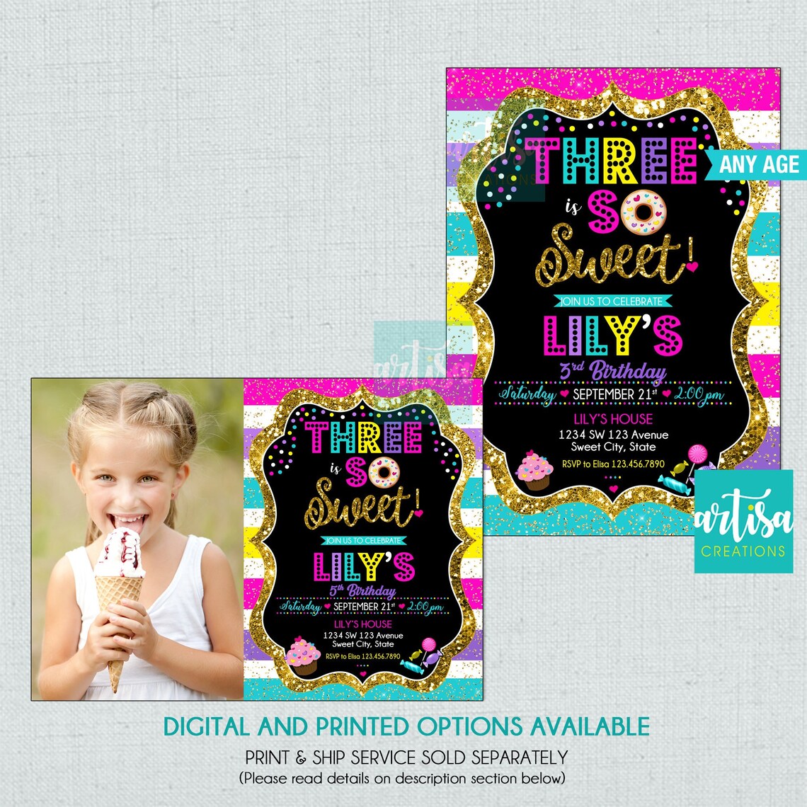 Three is Sweet Birthday Invitation 3 is so Sweet Invitation | Etsy