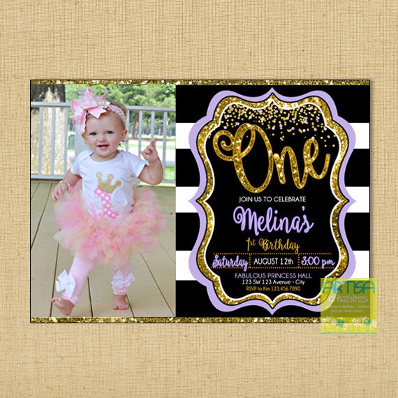 One Invitation, 1st Birthday Invitation, Lavender Gold One Invitation ...