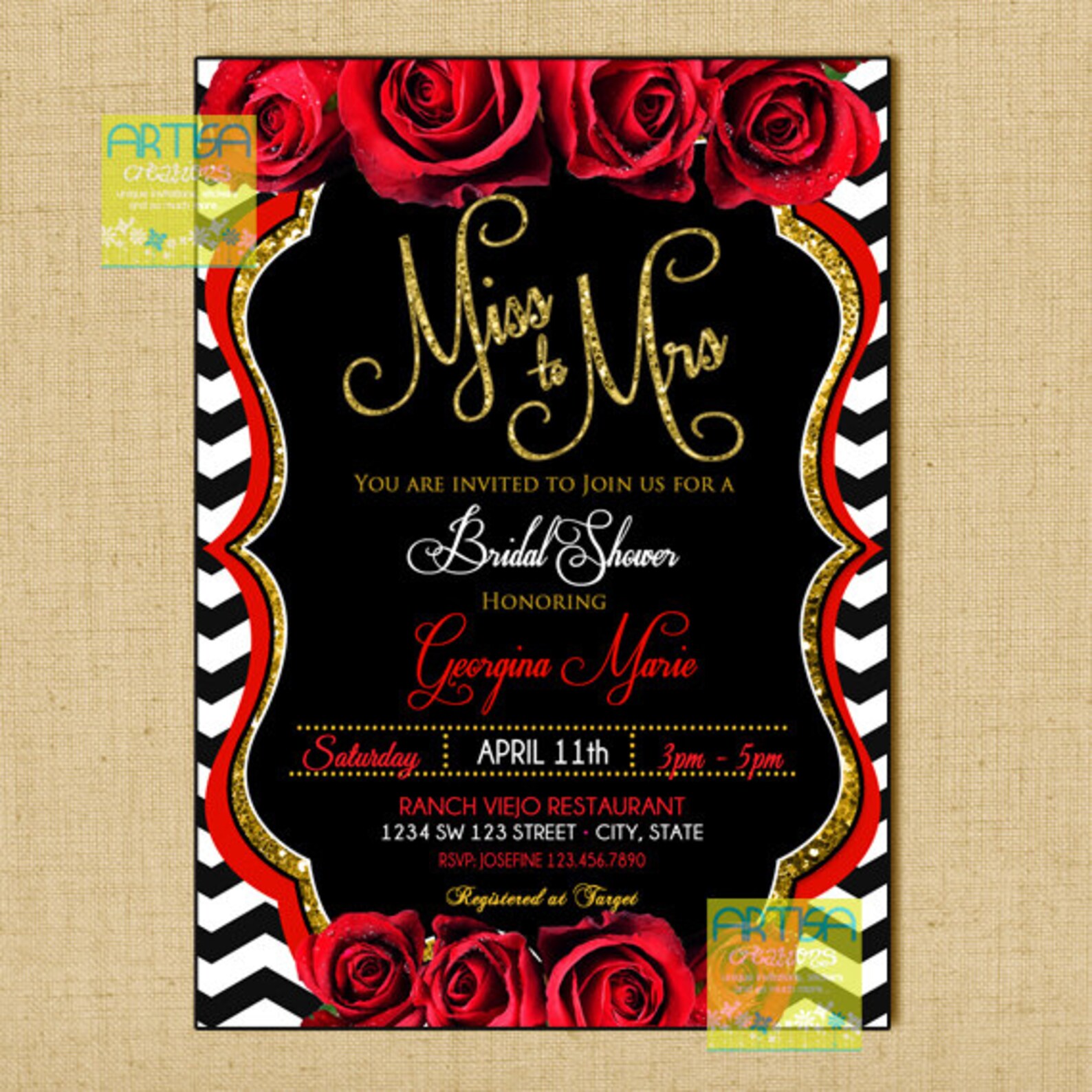 Miss to Mrs. Invitation Miss to Mrs Red Gold Black Red Roses - Etsy