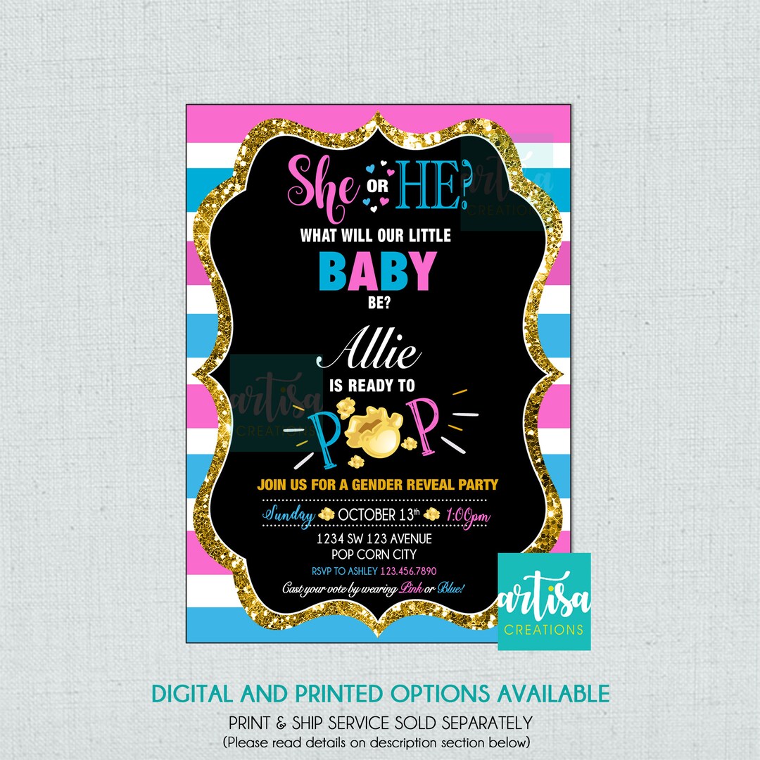 Pop Corn Gender Reveal, Pop Corn Gender Reveal Invitation, Pop Corn ...