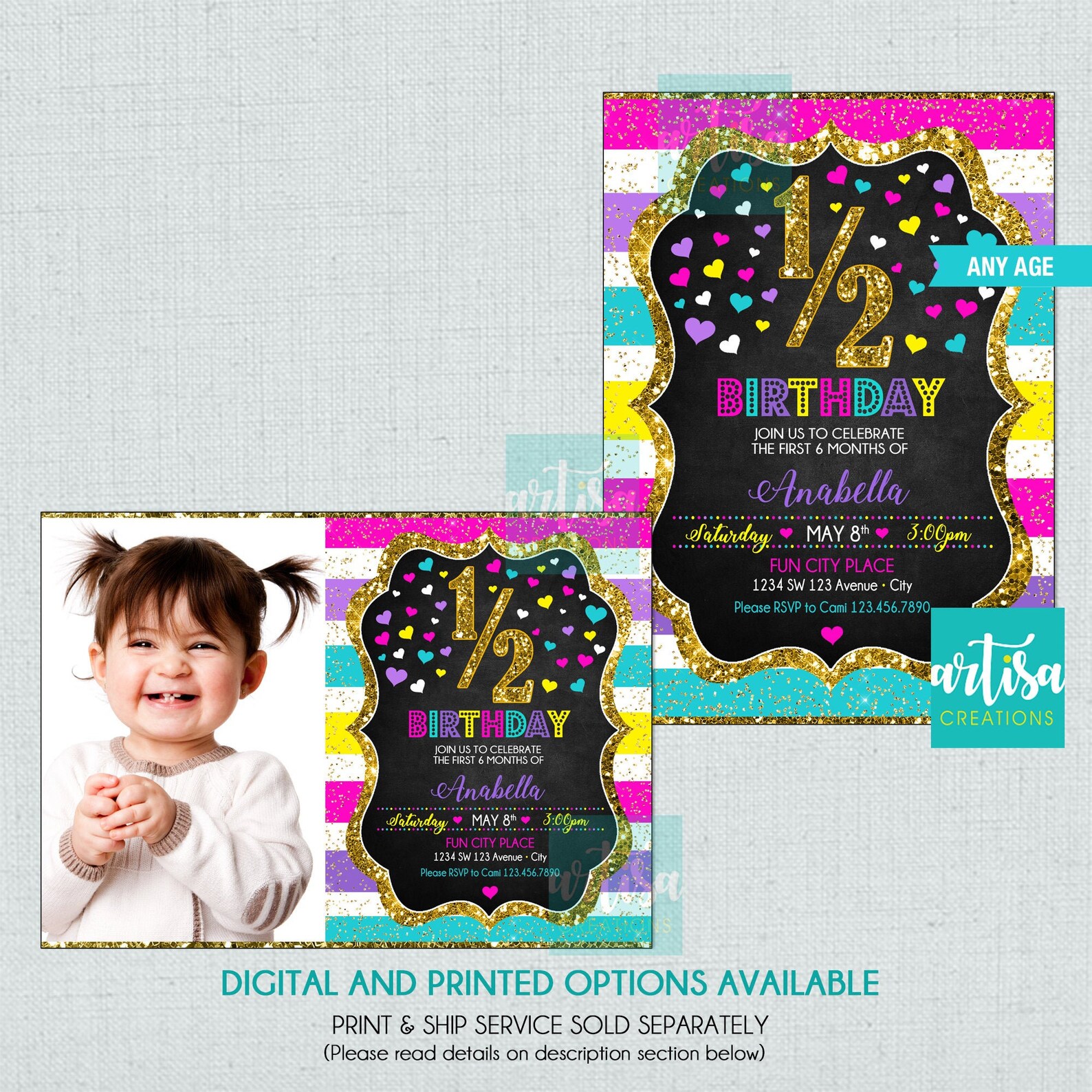 1/2 Birthday Invitation, Half Birthday Invitation, Half Birthday Girl ...