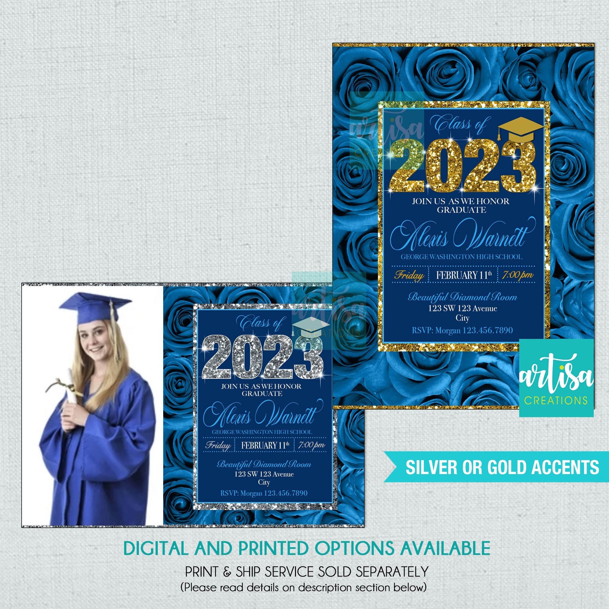 Blue Graduation Invitation, Blue Gold Graduation Invitation, Blue ...