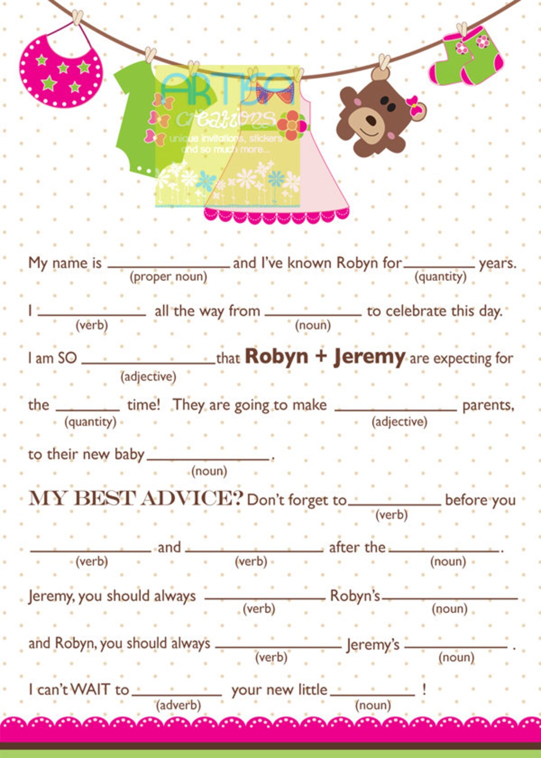 Girl Baby Shower Mad Lib - Personalized Mad Lib Baby Girl Shower - Mad ...