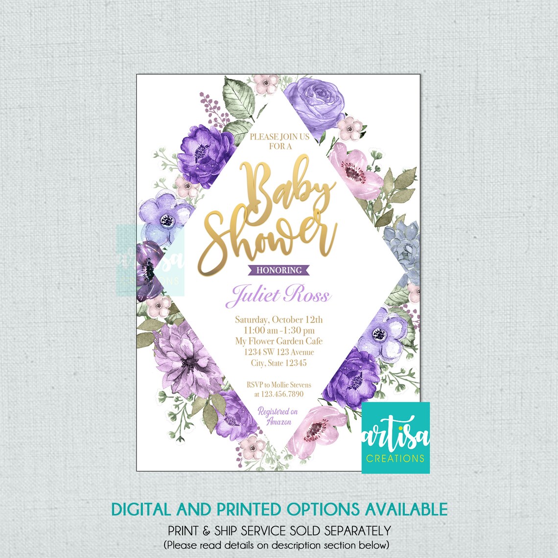 Purple Flowers Baby Shower Invitation Purple Pink Flowers - Etsy