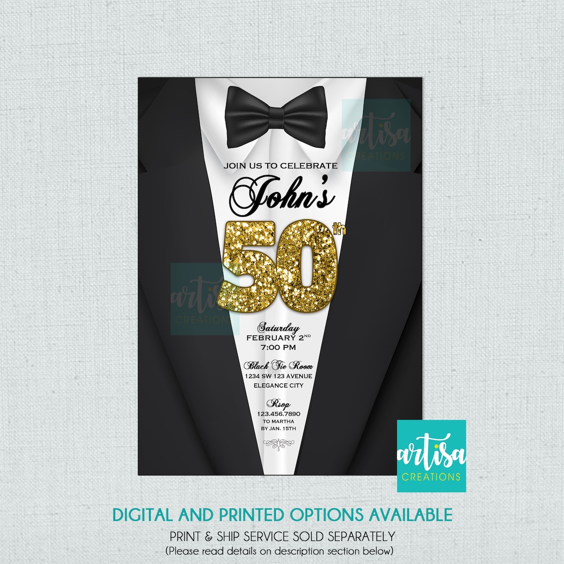 Black Tie Invitation, Tuxedo Invitation, Men Birthday Invitation, ANY ...