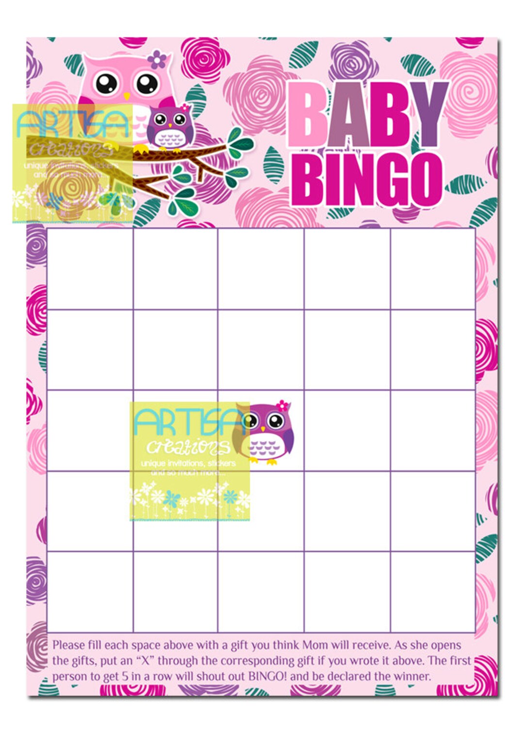 Pink Owl Baby Bingo - Owl Baby Girl Bingo - Pink and Purple Owls Baby ...