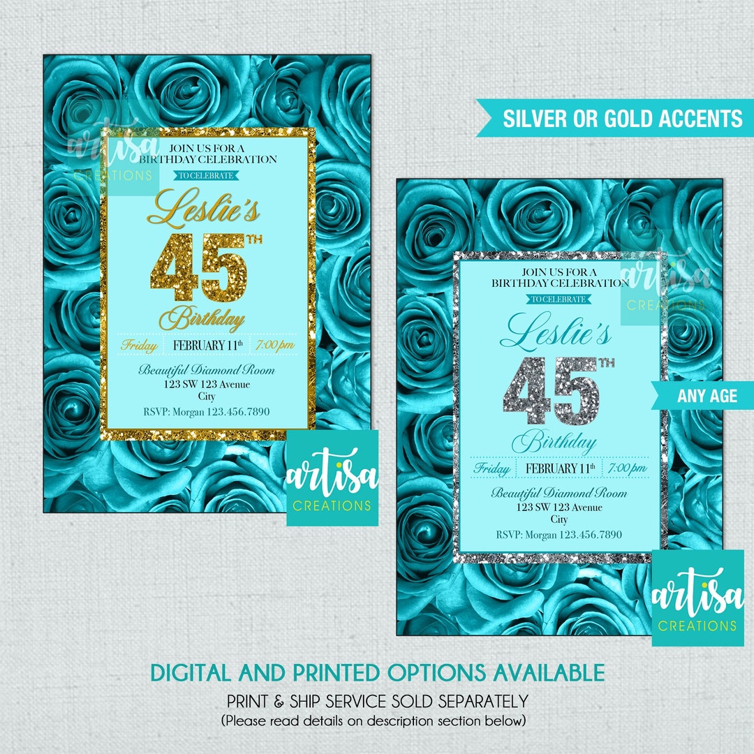 Teal Roses Birthday Invitation, Teal Roses Birthday Invitations, Teal ...