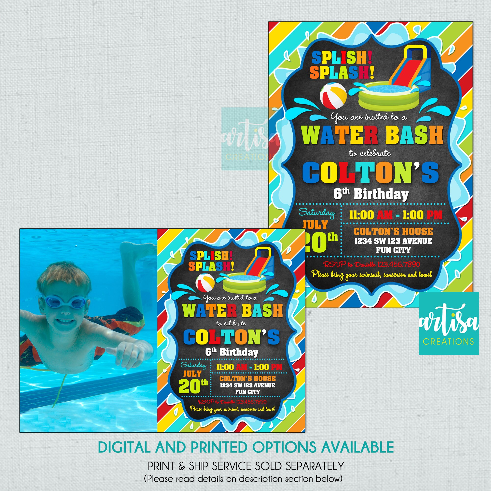 Boys Water Slide Invitation, Water Bash Invitation, Splish Splash ...