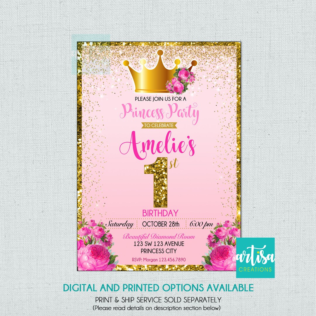 Princess Birthday Invitation, Princess Crown Birthday Invitation, Gold ...
