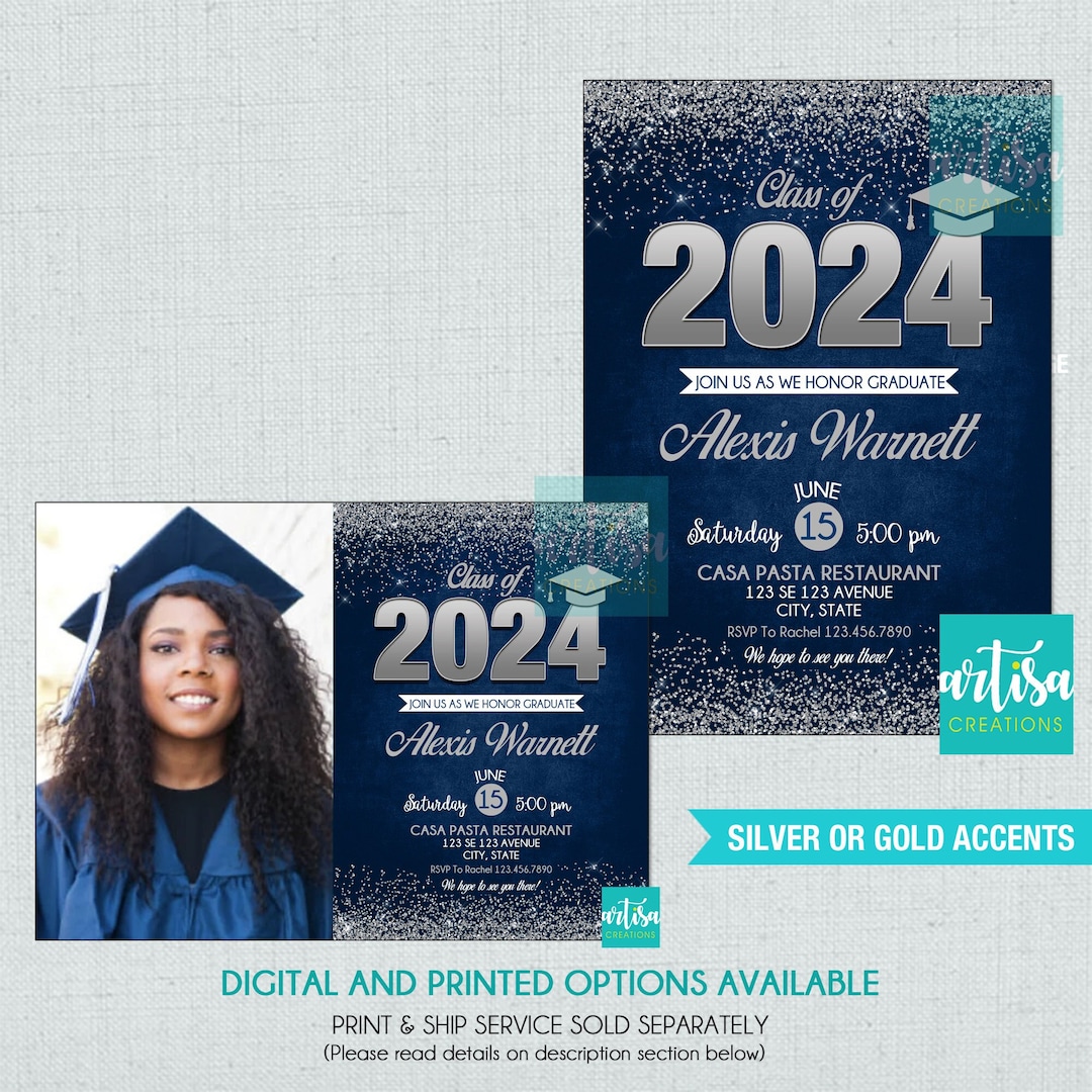 Navy and Gold Graduation Invitation, Navy Blue Graduation Invitation ...