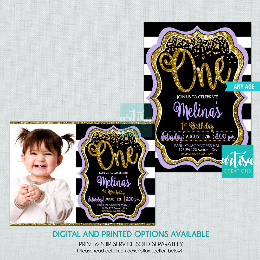 One Invitation, 1st Birthday Invitation, Lavender Gold One Invitation ...