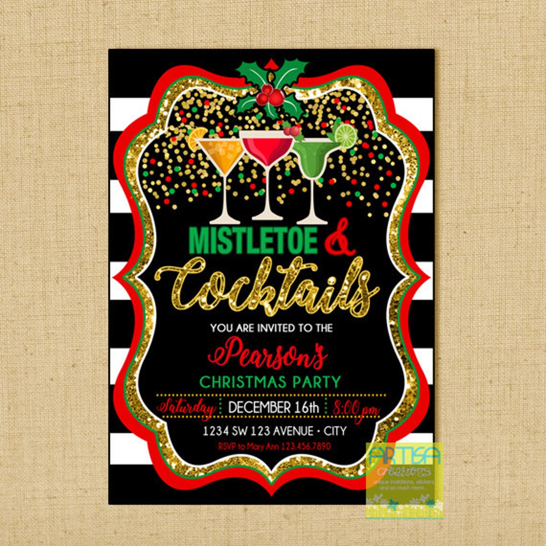 Mistletoe & Cocktails Invitation, Cocktails Party Invitation, Christmas ...