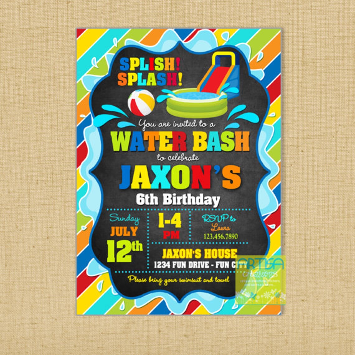 Boys Water Slide Invitation, Water Bash Invitation, Splish Splash ...
