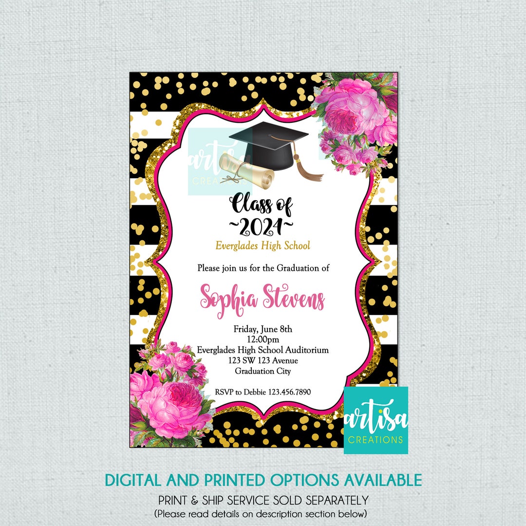 Graduation Invitation, Class of 2024 Graduation Invitation, Black Gold ...
