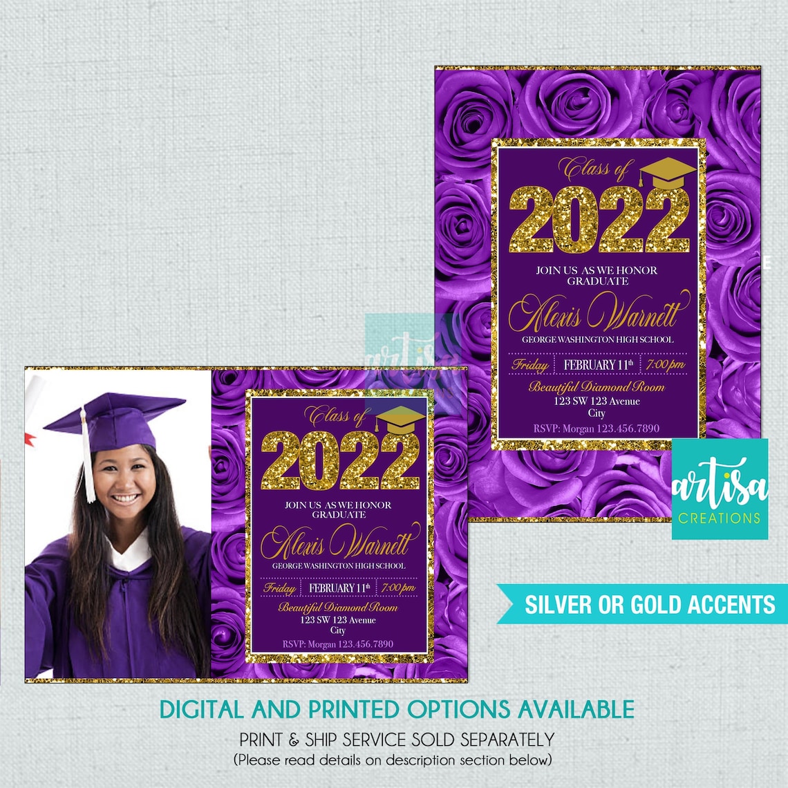 Purple Graduation Invitation Purple Gold Graduation - Etsy