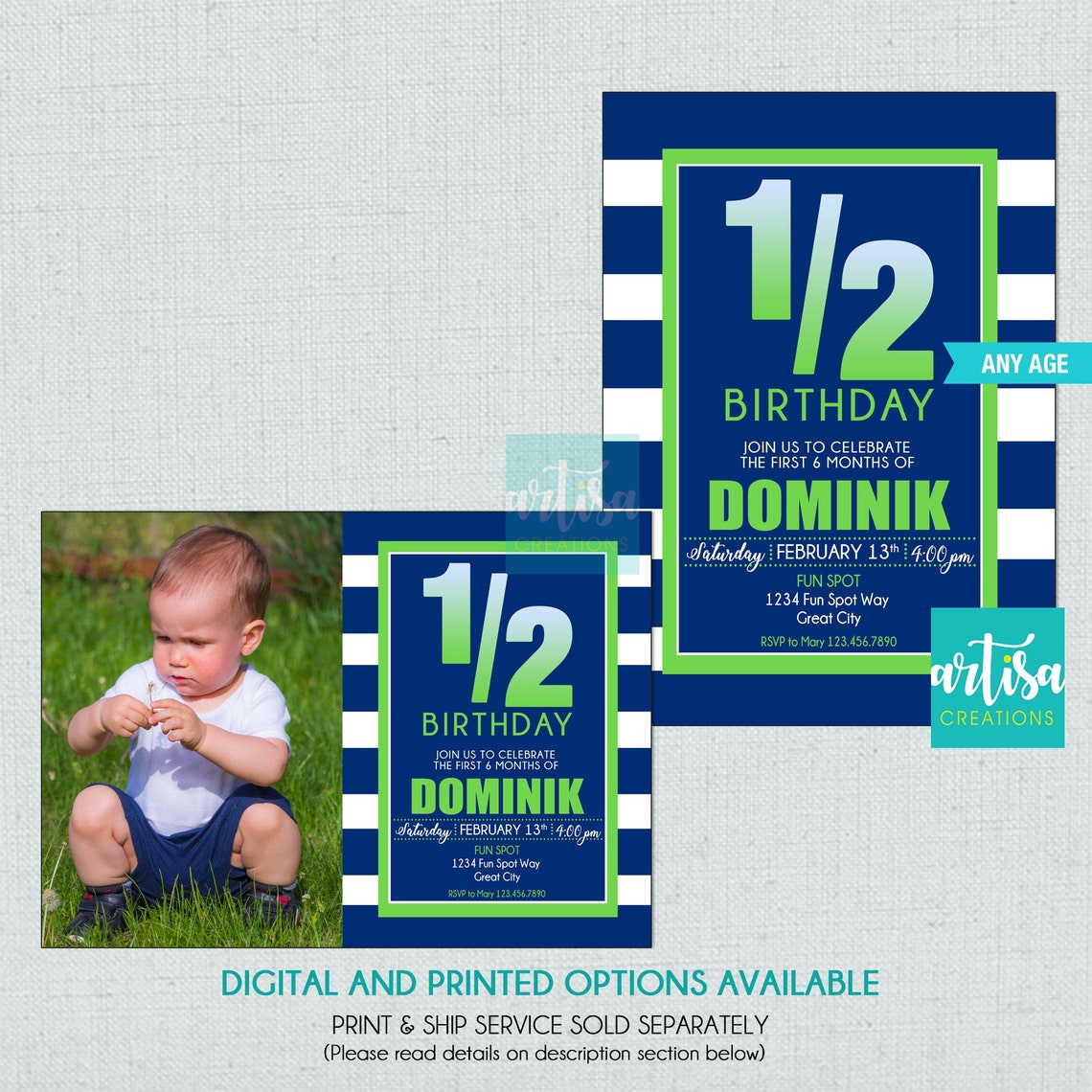 1/2 Birthday Invitation, Half Birthday Invitation, Half Birthday Boy ...