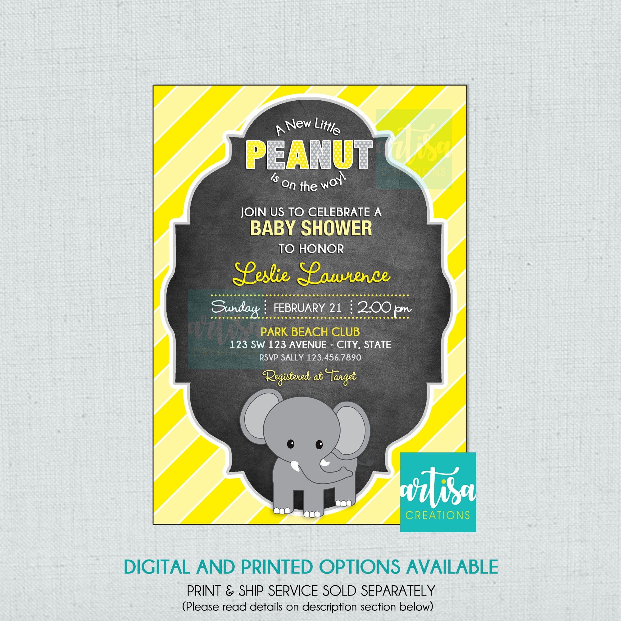 Elephant Baby Shower, Yellow Grey Elephant Baby Shower Invitation ...