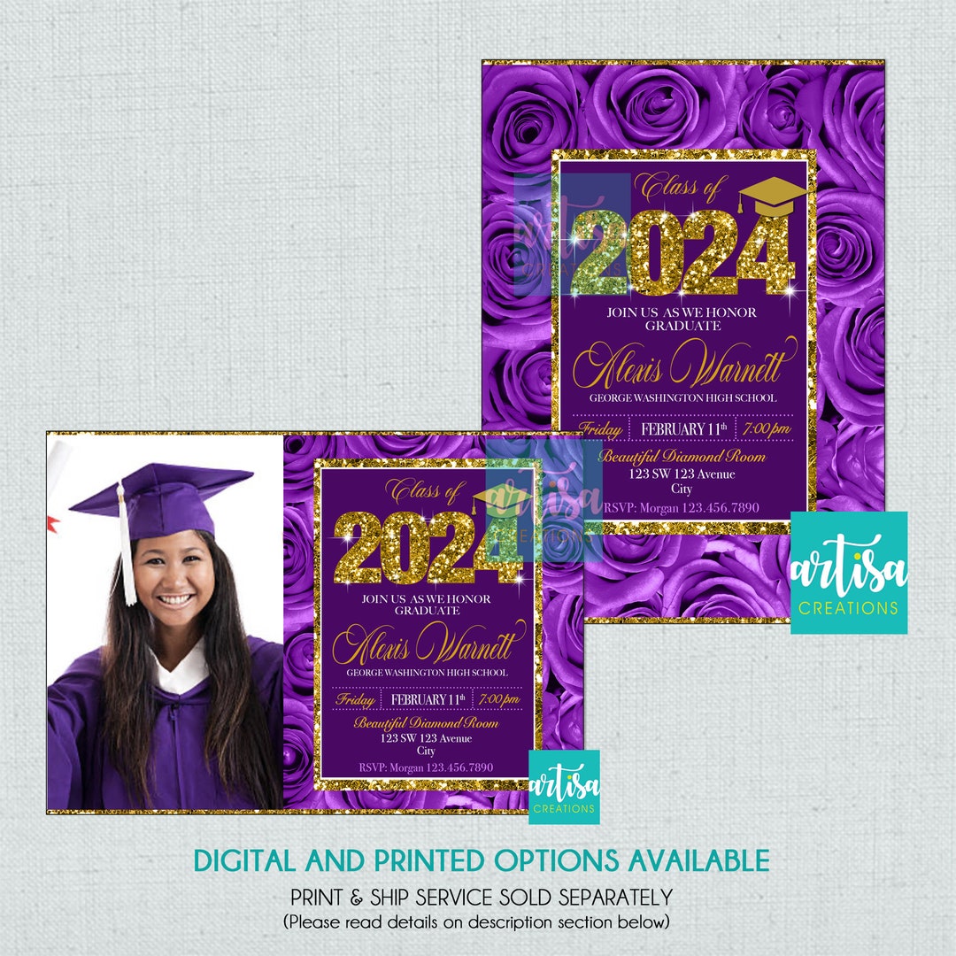Purple Graduation Invitation, Purple Gold Graduation Invitation, Purple ...