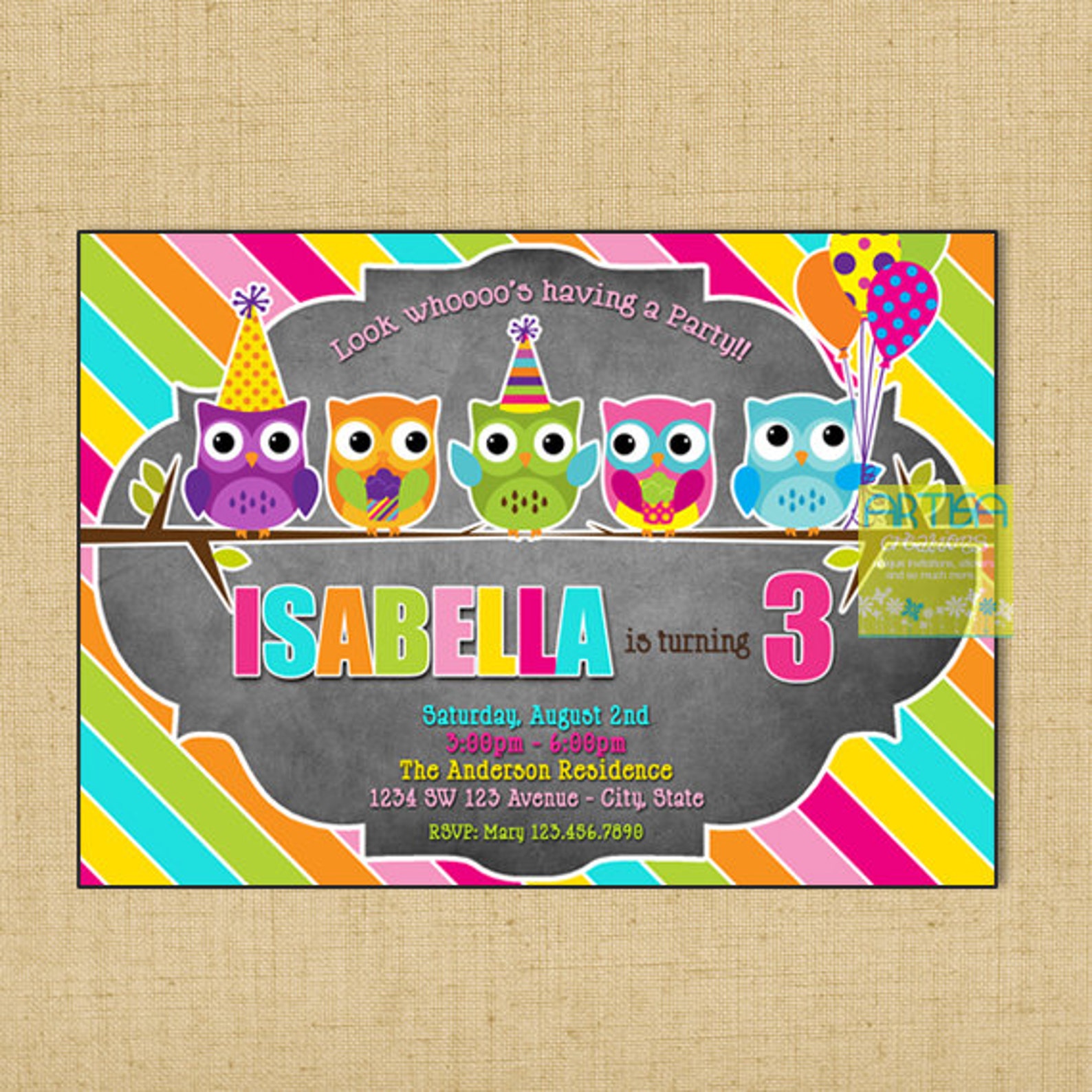 Owl Birthday Invitation Colorful Owl Birthday Invitation DIY - Etsy